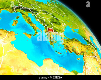 Space orbit view of Macedonia highlighted in red on planet Earth at ...