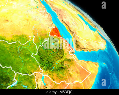 Space orbit view of Eritrea highlighted in red on planet Earth at night with visible country ...