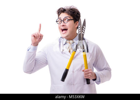 Funny doctor with shears isolated on white Stock Photo - Alamy