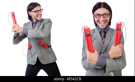 Young businessman holding dynamite isolated on white Stock Photo - Alamy