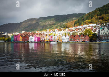 Colorful wooden houses in Bryggen old wharf district, Bergen, Norway ...