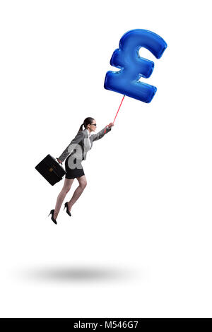 Businesswoman flying on british pound sign inflatable balloon Stock ...