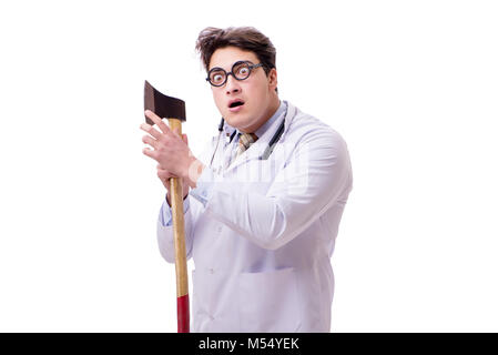 Funny doctor with axe isolated on white Stock Photo - Alamy