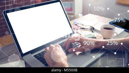 Computer overlay business man and hands typing with digital software ...