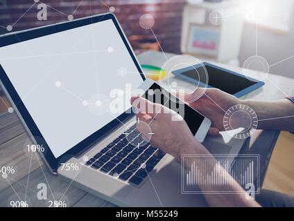 Business Overlay Interface with hands and laptop showing world map ...