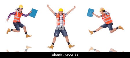 Running young builder with toolbox isolated on white Stock Photo - Alamy