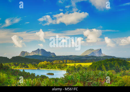 View of a lake and mountains. Mauritius. Panorama Stock Photo - Alamy