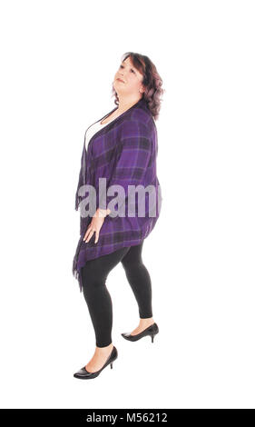 Full body profile portrait of attractive lady hold store bags show v ...