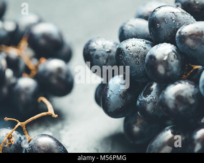 Close-up of a wet branch of the blue grape on black stone board Stock ...