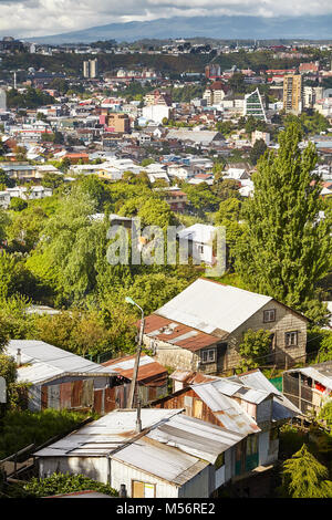 An aerial skyline view of Puerto Montt, Chile from and elevated ...