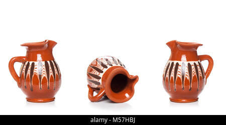 A set clay flagon with handle isolated on white background,clay pitcher ...
