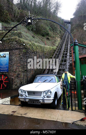 Classic cars use the water powered funicular at Lynton and Lynmouth ...