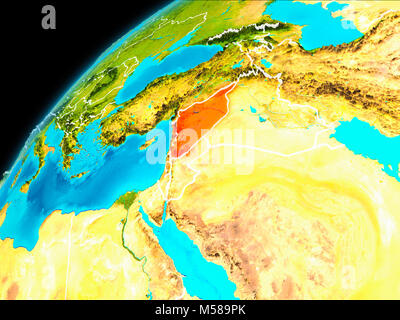 Orbit view of Syria highlighted in red on planet Earth. 3D illustration ...