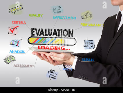 evaluation Concept. Chart with keywords and icons on white background ...