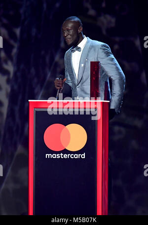 Stormzy performing during the Brit Awards 2023 at the O2 Arena, London ...