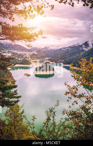 Panoramic view of lake of Centro Cadore in the Alps in Italy, Dolomites ...