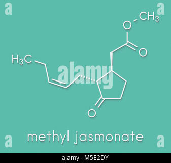 Methyl jasmonate plant stress signal molecule. 3D rendering. Atoms are ...