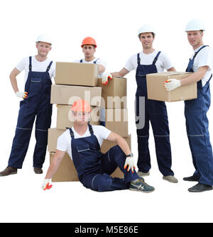 Group of people builders with boxes Stock Photo - Alamy