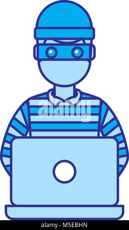 cartoon hacker man with laptop computer and cyber security icons around ...