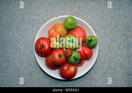 Home grown tomatoes at various stages of ripening from green to red on ...