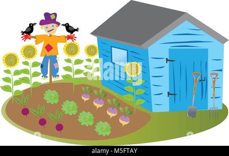 A cartoon blue garden shed with a garden spade and fork Stock Vector ...
