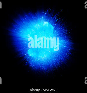 Blue fire round explosion with sparks and smoke isolated on black ...