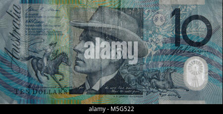 Close up of an Australian 10 dollar note with the face of Banjo ...