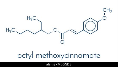 Octyl methoxycinnamate (octinoxate) sunscreen molecule. Skeletal ...