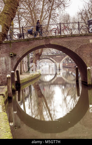 View of the Oudegracht in Utrecht with the Gaardbrug in the background; On the left the side ...