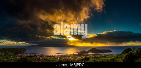 Panorama,Mount Pico with Horta seaport in clouds at sunset,Horta,island ...