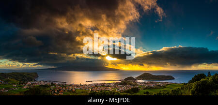 Panorama,Mount Pico with Horta seaport in clouds at sunset,Horta,island ...
