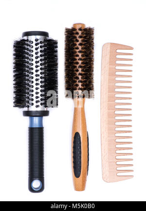 Detail of hairdressing tools on wooden table. Elevated view. Horizontal ...