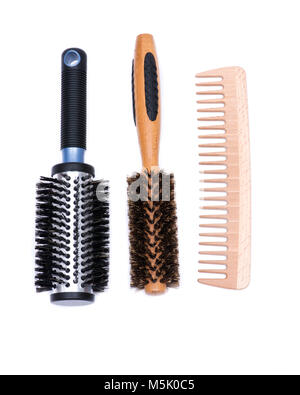 Detail of hairdressing tools on wooden table. Elevated view. Horizontal ...