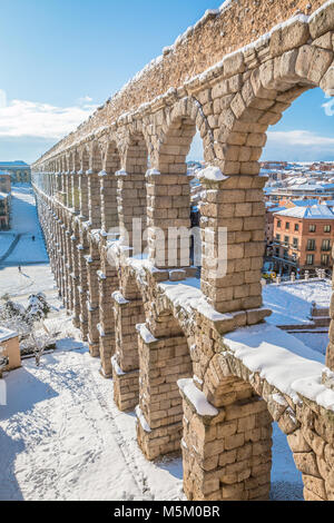 Top view of the Roman aqueduct of Segovia at dawn on a summer day ...