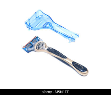A single use Disposable razor blades on blue background. View from ...