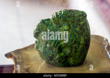 A jade sculpture of Kinich Ahau, the Mayan Sun God, in the museum at ...