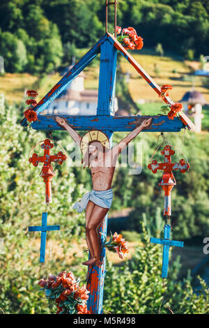 Solitary traditional cross symbol in the mountains, Transylvania ...