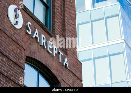 A logo sign outside of the headquarters of Sarepta Therapeutics, Inc ...