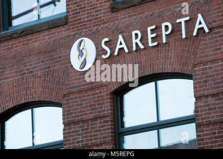 A logo sign outside of the headquarters of Sarepta Therapeutics, Inc ...