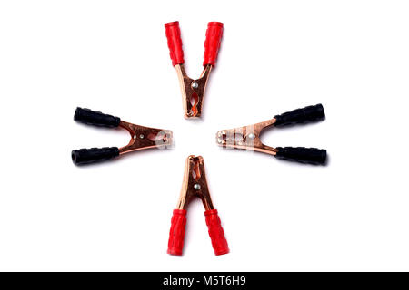 battery jumper cables on white background, folded in a circle and black ...