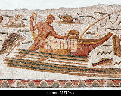 Roman mosaic depicting fishermen. The fisherman on the left is about to ...