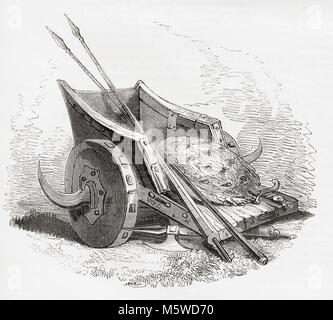 Ancient British war chariot with shield axe and spears. Victorian ...