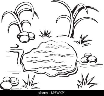 Oasis desert graphic art black white landscape illustration vector ...