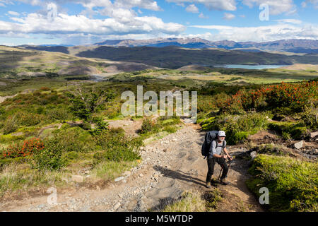 Trekkers hike the famous W trail; Torres del Paine National Park; Chile ...