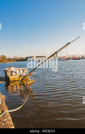 Sunken boat in canal basin at Glasson Dock Lancaster Lancashire England ...