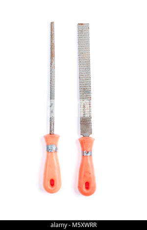 Set of Used metal file with orange handle isolated on a white ...