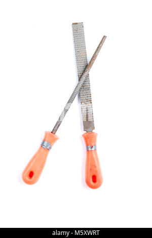Set of Used metal file with orange handle isolated on a white ...