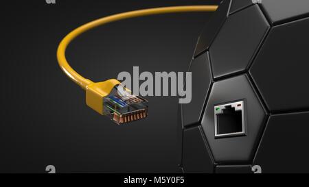 internet cable and hexagonal tech hub. conceptual 3d illustration of ...
