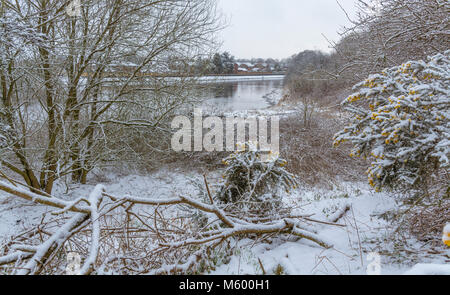 A view of the snow covered scenery at Woolston Eyes in Warrington ...
