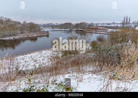 A view of the snow covered scenery at Woolston Eyes in Warrington ...